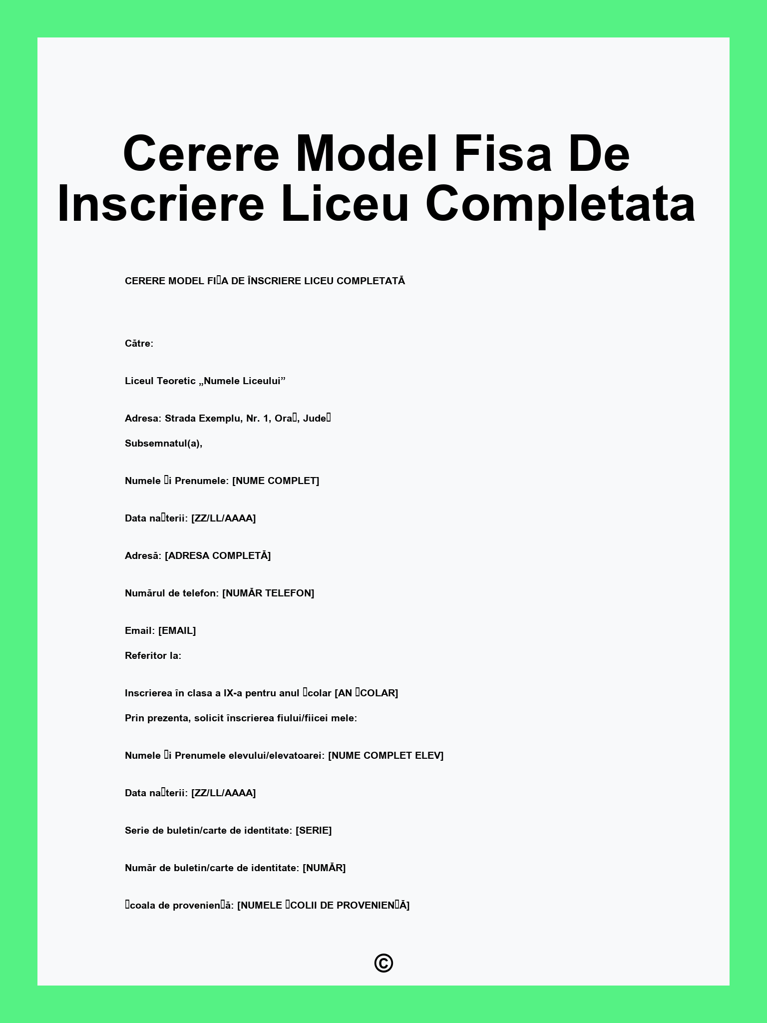 Cerere Model Fisa De Inscriere Liceu Completata