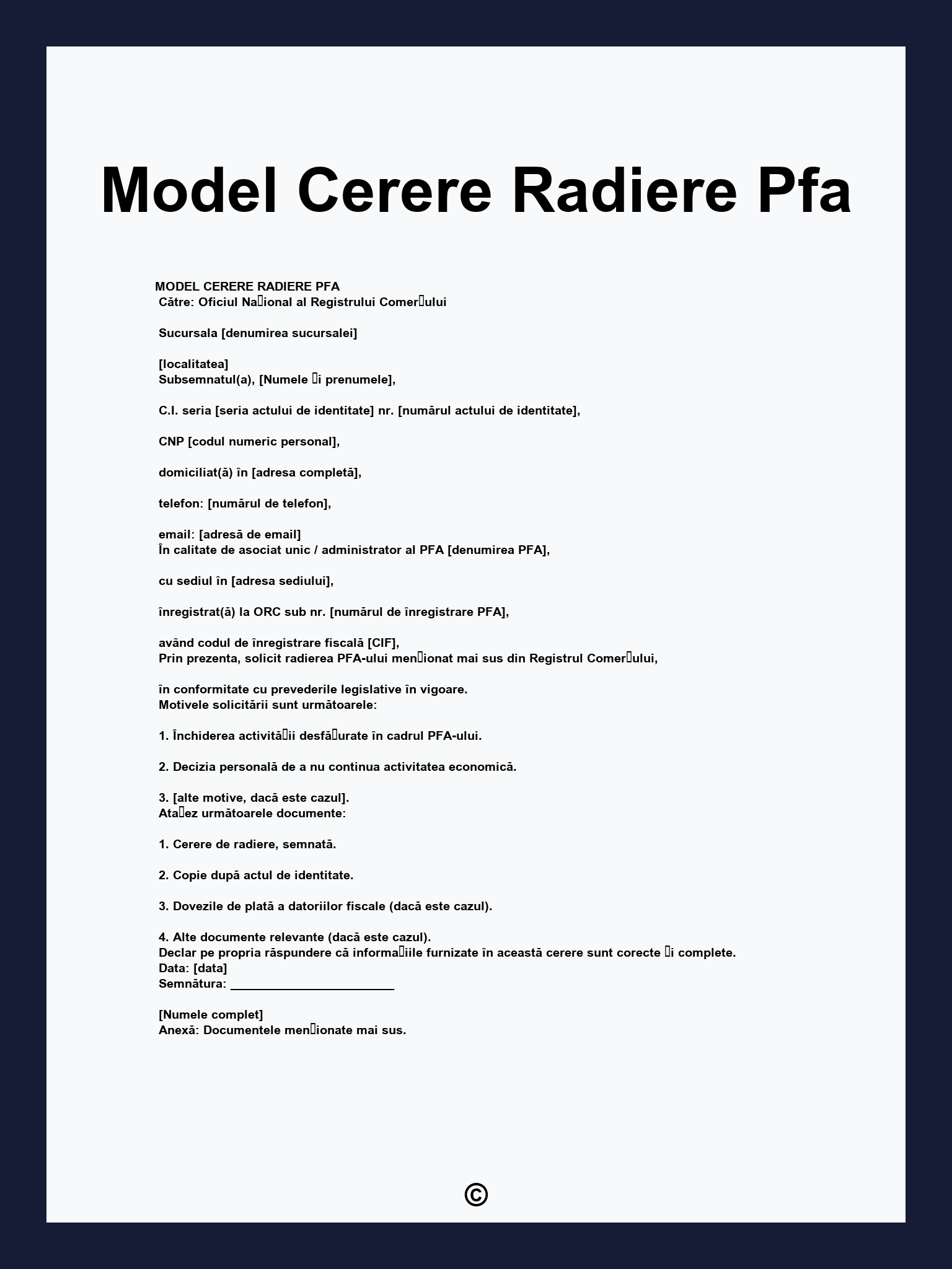 Model Cerere Radiere Pfa